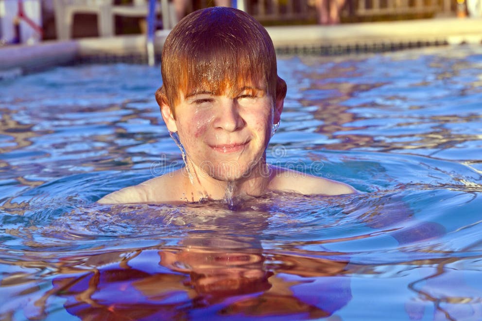 Child Has Fun in the Outdoor Pool Stock Image - Image of happy, boys ...