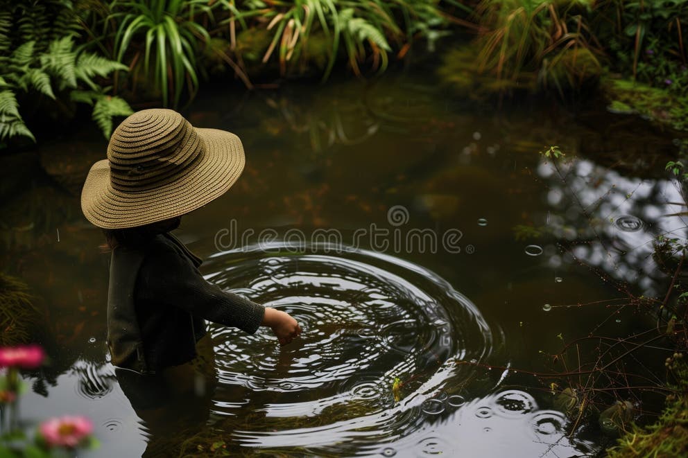 Child in Hat Making Rain Ripples in Pond Stock Illustration ...