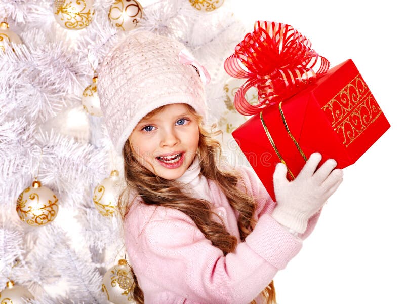 Child in Hat and Mittens Holding Red Gift Box . Stock Image - Image of ...