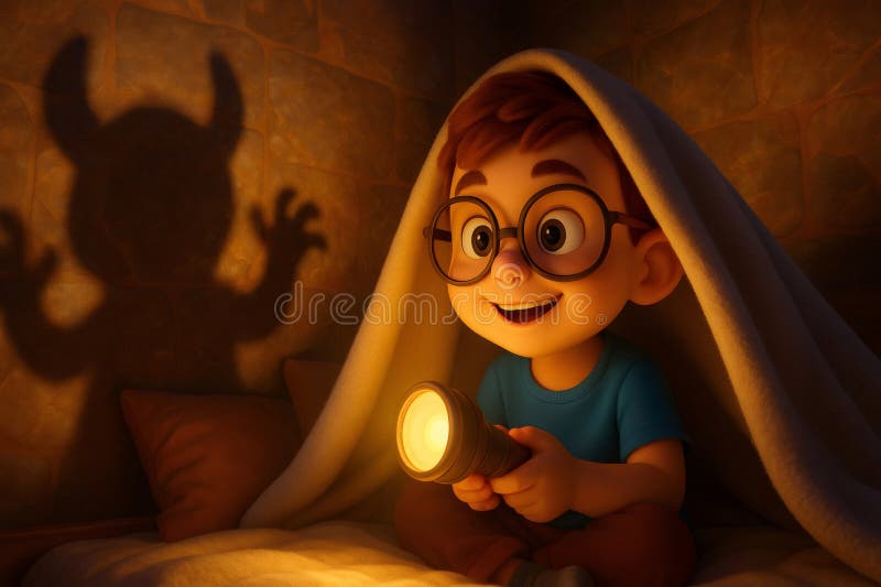 Child Hiding Under Blanket with Flashlight, Facing Monster Shadow on ...
