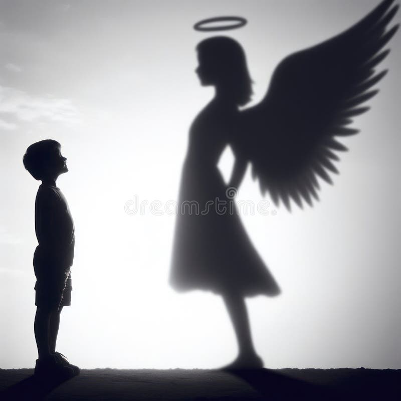 Child with His Shadow As an Angel Silhouette. Ai Generative Stock ...