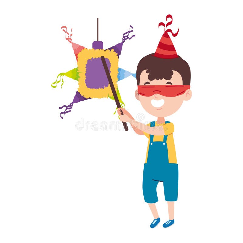 Child hitting pinata party isolated