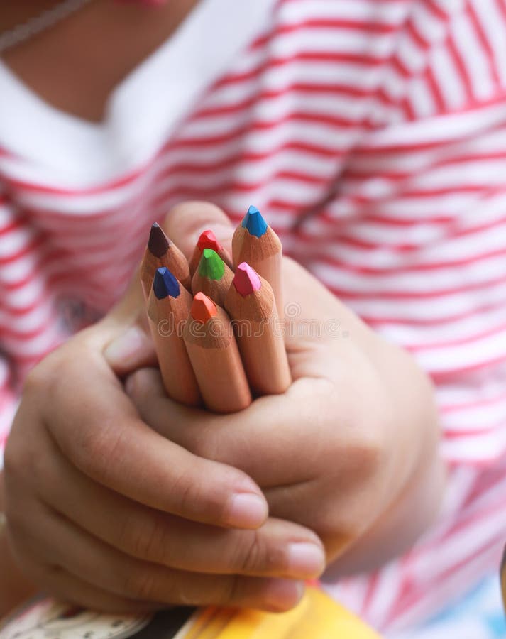 Child Hold Color Pencils on Little Hand Stock Photo - Image of activity ...