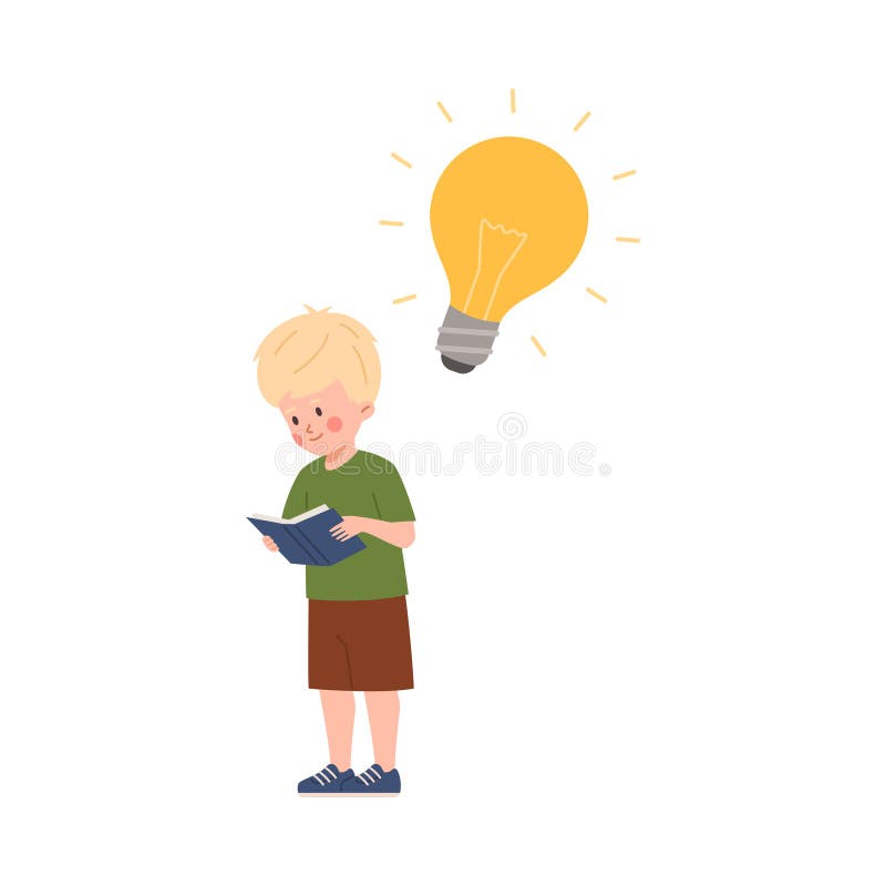 Child Holding a Book and Has Smart Solution Idea, Vector Illustration ...