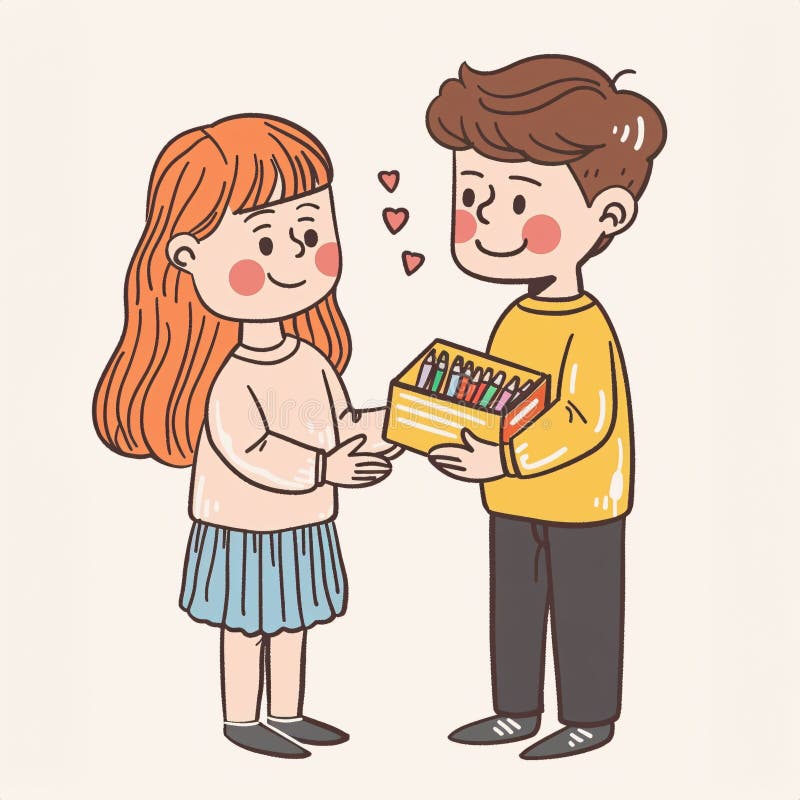A Child Holding a Box of Crayons - a Cartoon of a Boy and Girl Holding ...