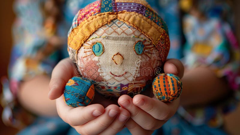 A Child Holding a Colorful Handmade Patchwork Doll. Stock Photo - Image ...