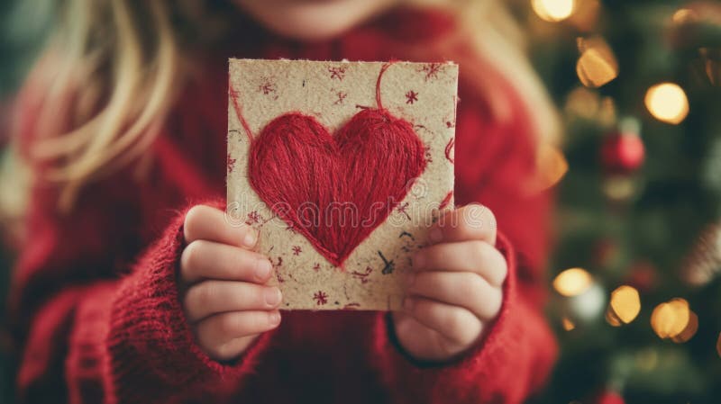 Child Holding Handmade Card with Red Yarn Heart Stock Illustration ...