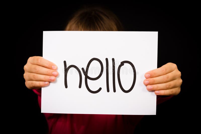 Child holding Hello sign stock image. Image of sign, child - 48500039