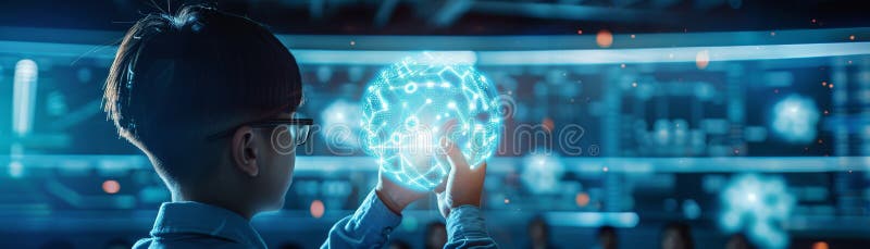 Child Holding Holographic Globe in Tech Environment Stock Illustration ...