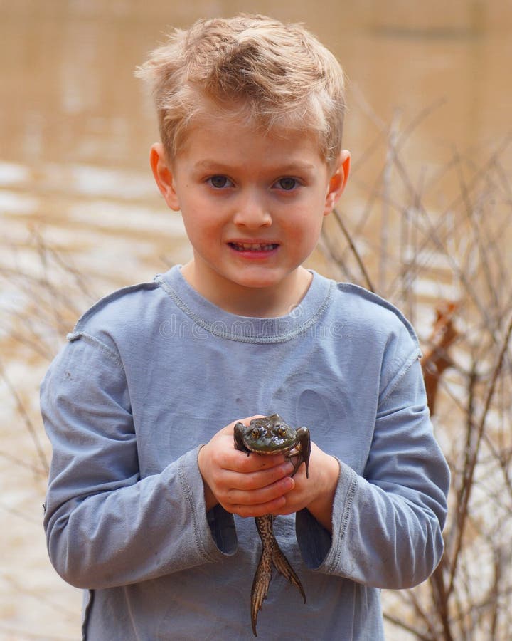 Child Holding a Large Bullfrog Stock Photo - Image of excited, muddy ...