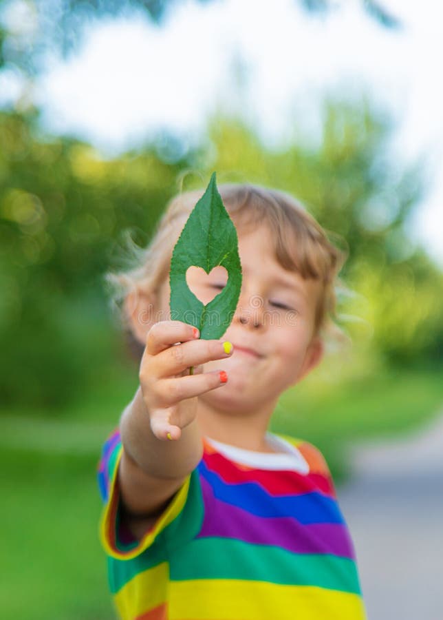 Child Holding a Leaf of a Plant. Selective Focus Stock Photo - Image of ...