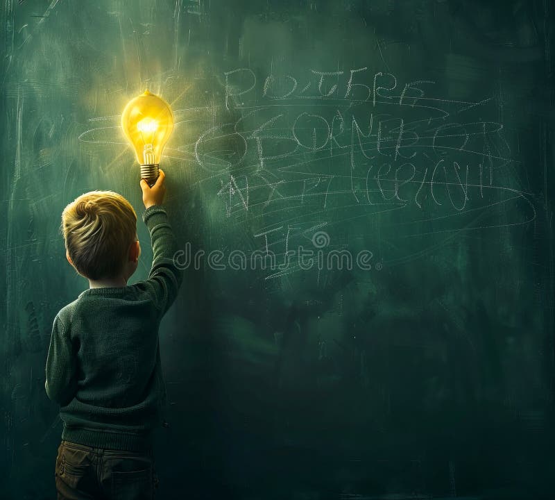 A Child Holding a Light Bulb on a Blackboard Stock Image - Image of ...