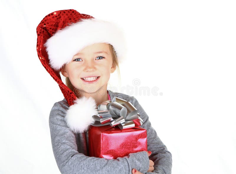 Child Holding Present Wearing Santa Hat Stock Photo - Image of isolated ...