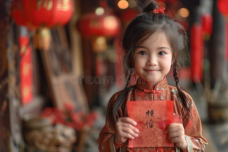 A Child Holding a Red Envelope with a Big Smile. Stock Photo - Image of ...