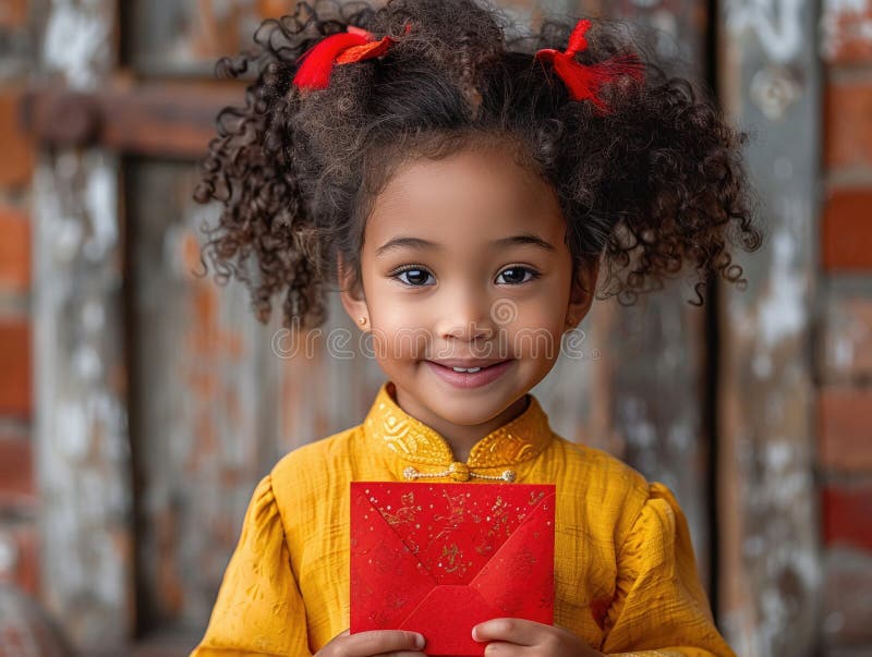 A Child Holding a Red Envelope with a Big Smile. Stock Image - Image of ...