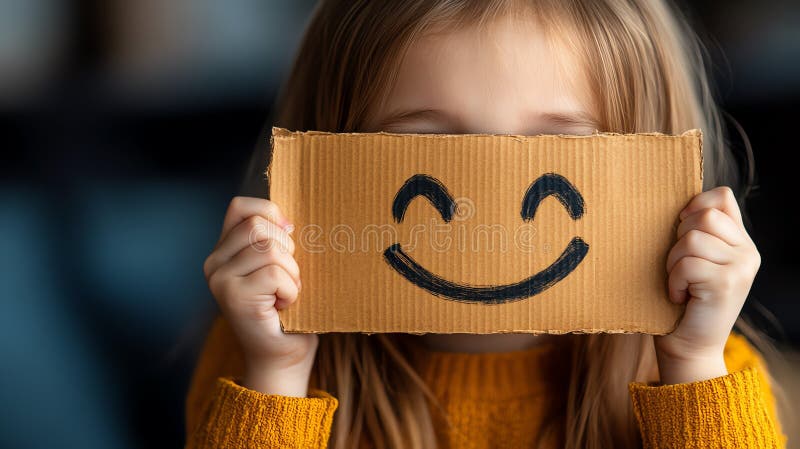 Child Holding a Smiling Cardboard Face, Expressing Joy and Happiness ...