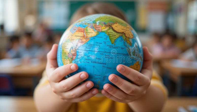 A Child Holds a Globe in a Classroom Setting, Symbolizing Learning ...