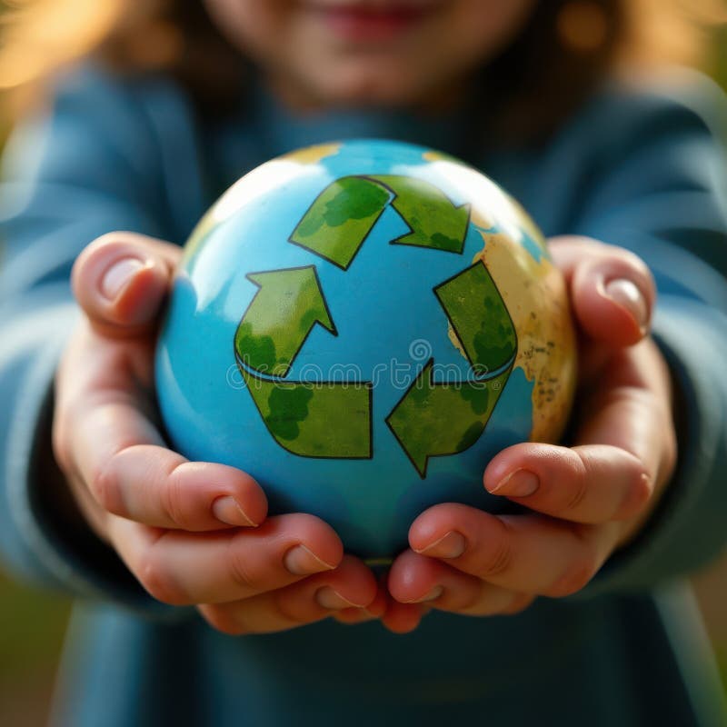 Child Holds Globe with Recycling Symbol To Promote Environmental ...