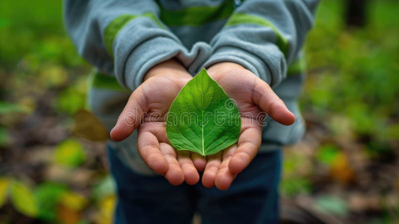 The Child Holds a Green Leaf in His Hands. Selective Focus Stock ...