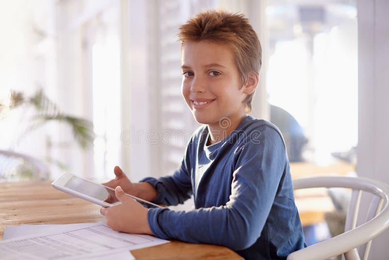 Child, Homework and Tablet on Table in Portrait, School Work for ...