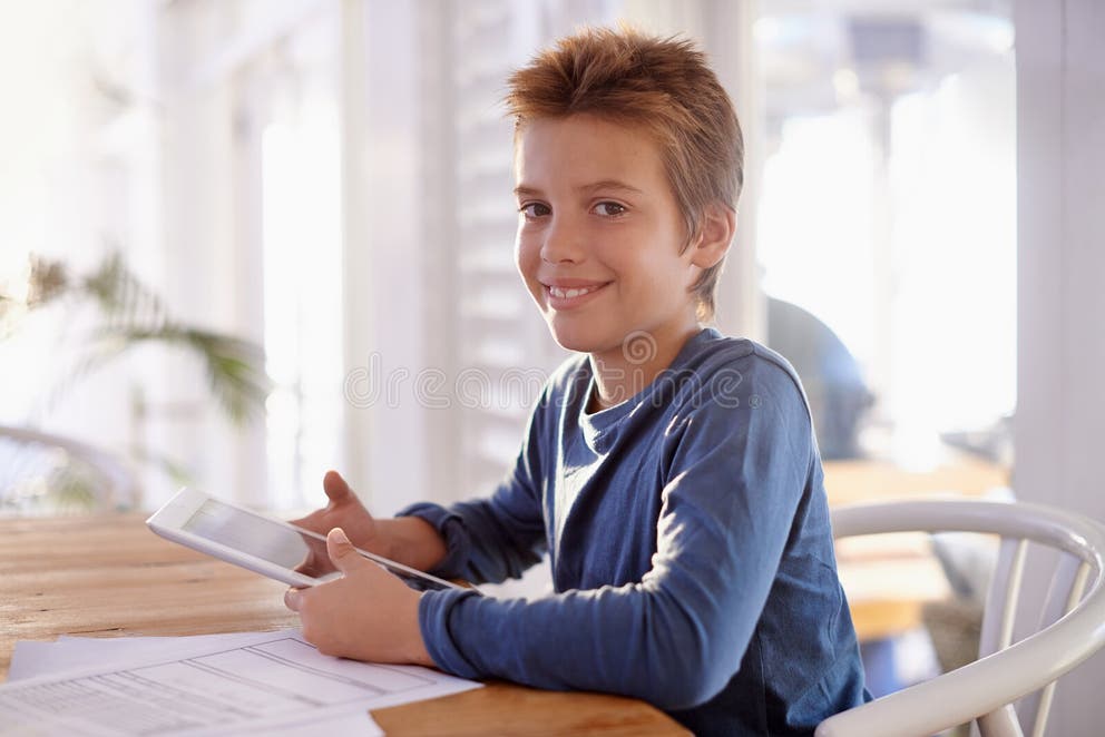 Child, Homework and Tablet on Table in Portrait, School Work for ...