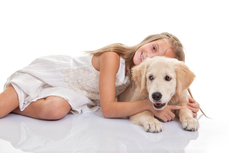 Child Hugging Pet Puppy Dog Stock Image - Image of retriever, animal ...