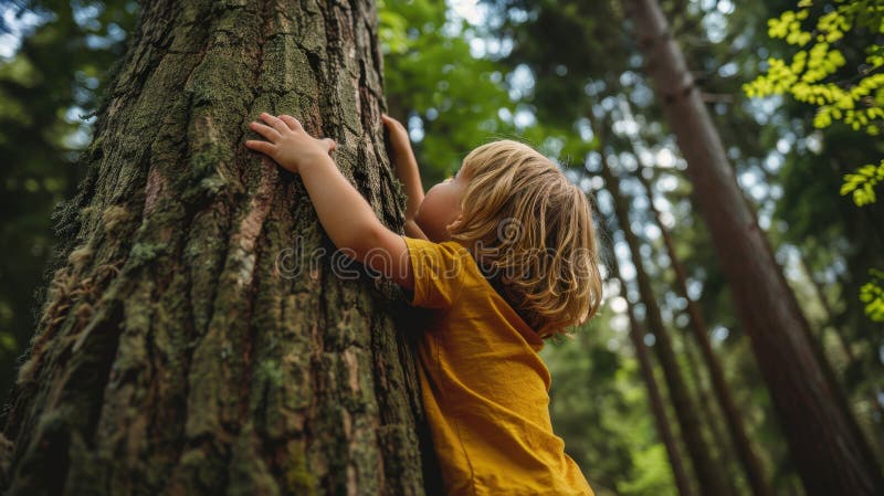 Child Hugging a Pine Tree in the Forest Low-angle Shot Stock ...