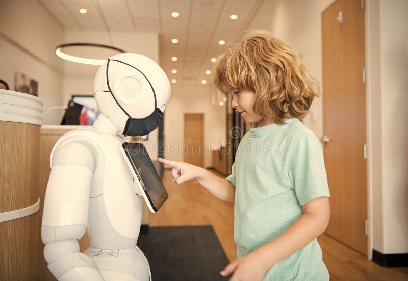 Child Interact with Cyborg Artificial Intelligence, Communication Stock ...