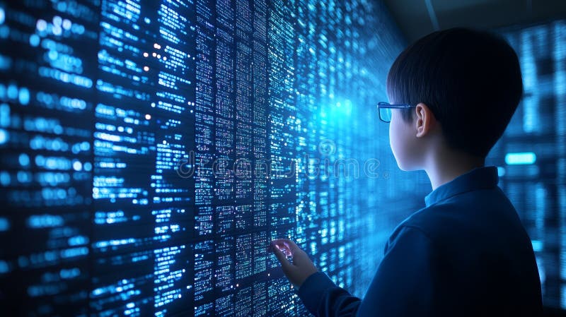 Child Interacting with Digital Data Wall Stock Illustration ...