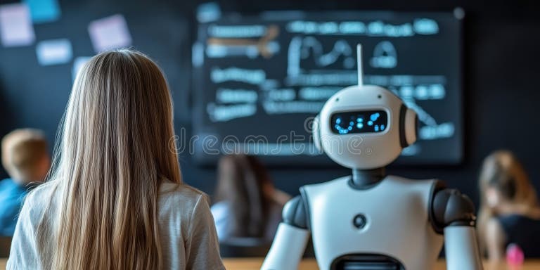 A Child Interacts with a Robot in a Modern Classroom, Symbolizing the ...