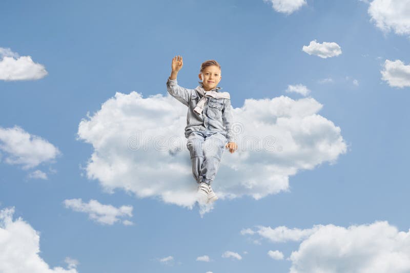Child in Jeans Sitting on a Cloud Stock Image - Image of floating ...