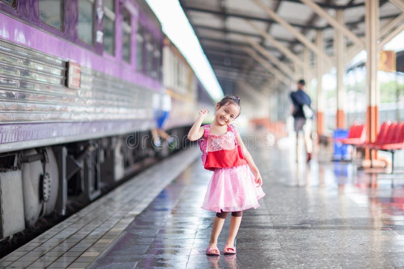 Child Journey by Train on Platform of Railway Station in Thailand Stock ...