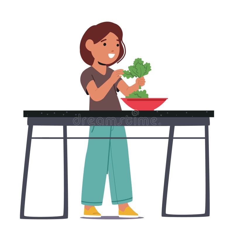 Child Joyfully Preparing Salad with Fresh Ingredients, Young Character ...