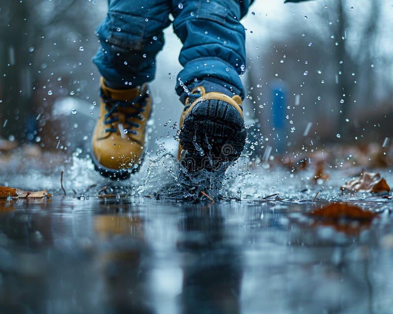 A Child Jumping in a Puddle Medium Shot Stock Image - Image of laughter ...