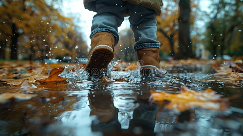 A Child Jumping in a Puddle Medium Shot Stock Photo - Image of movement, game: 319969886