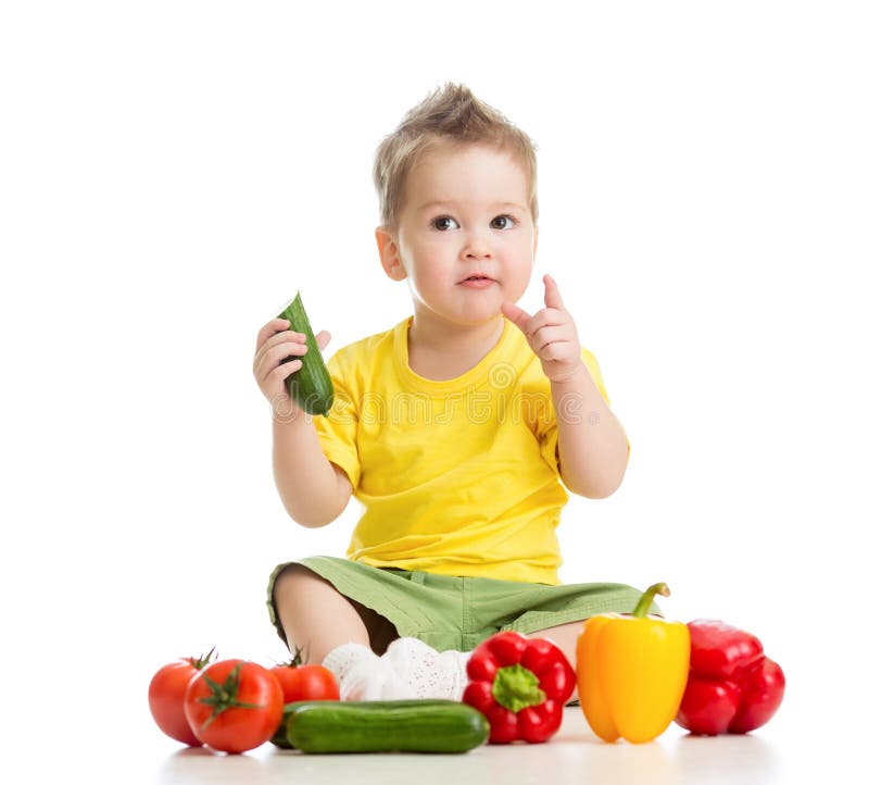Two Happy Kids Eating Healthy Food Fruits and Vegetables Stock Photo ...