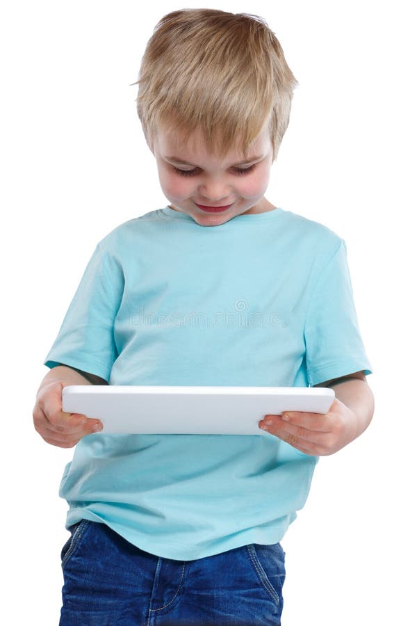 Child Kid Young Little Boy Looking at Tablet Computer Smiling in Stock ...