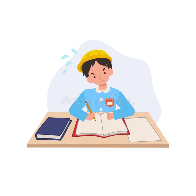 Child in Kindergarten Uniform Deeply Focused on Homework Assignment ...