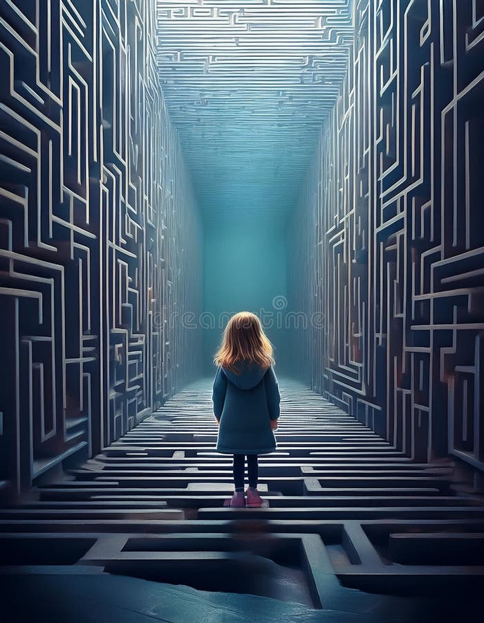 Child in Labyrinth at Night with Lantern Stock Illustration ...