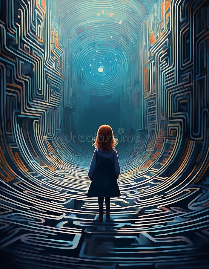 Child in Labyrinth at Night with Lantern Stock Illustration ...