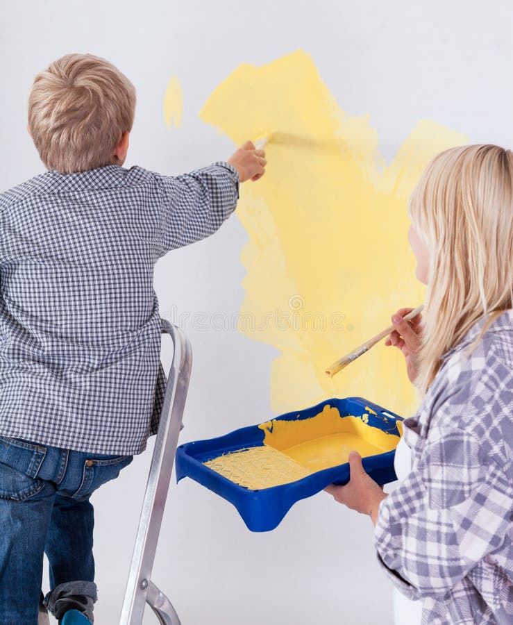 Child on the Ladder Painting the Wall Stock Image - Image of parenthood ...