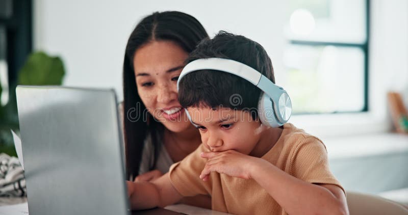 Child, Laptop and Mother with Education, Elearning and Growth for ...