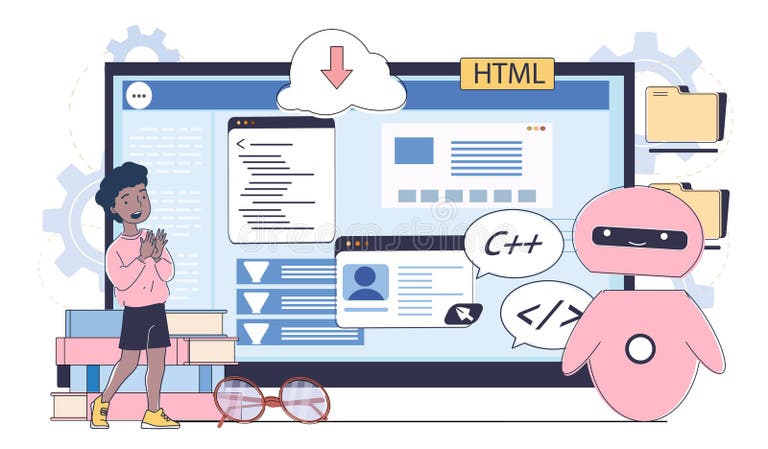 Child Learning Coding with Robot Assistant. Vector Illustration Stock ...