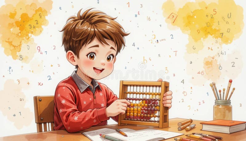 Child Learning Math with Abacus and Numbers Stock Illustration ...