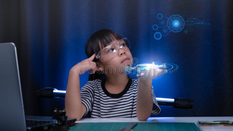 Child Learning Repairing Getting Lesson Control Toy Drone in Workshop ...