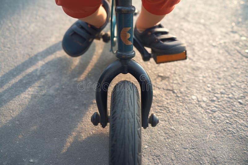 Child Learning To Ride Four Wheel Bicycle with Assist Wheels Stock ...