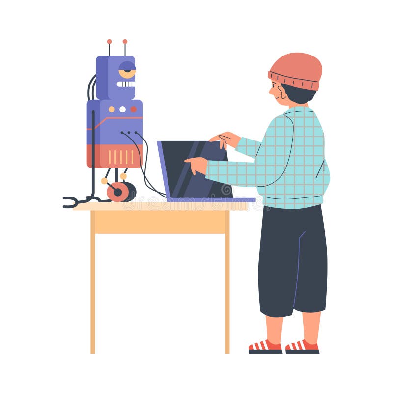 Child Learns To Control Robots through Computer Software, Flat Vector ...