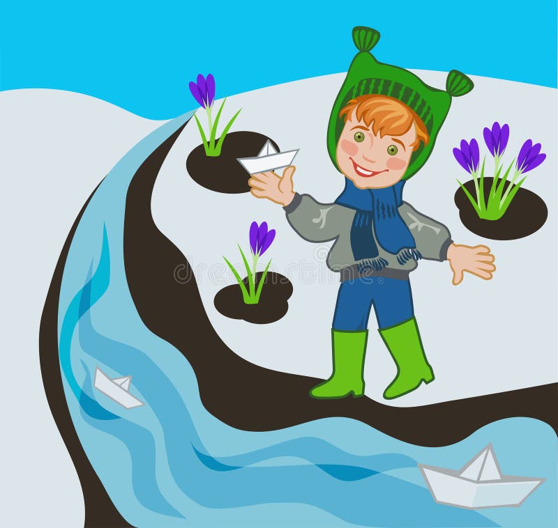 Child Let the Boat in the Creek Stock Vector - Illustration of rural ...