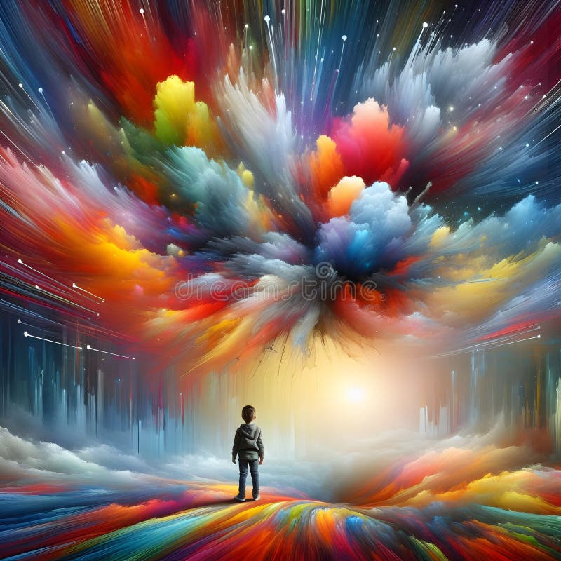Child Looking at Colorful Abstract Explosion in Space. Imagination and ...