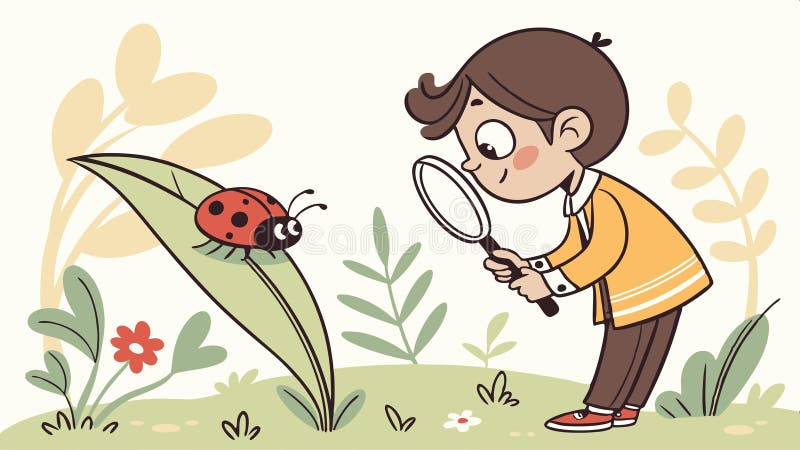 Child Looking at Ladybug, Nature Observation, Insect Study Vector ...